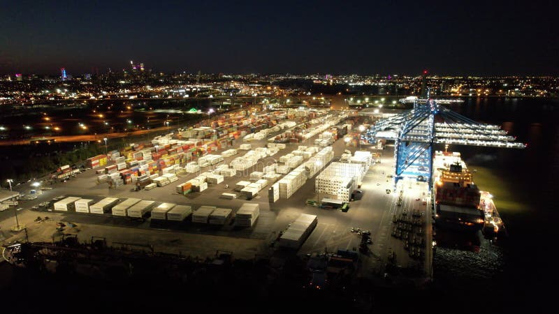 Aerial View of Cargo Container Shipping Port at Night Stock Video ...