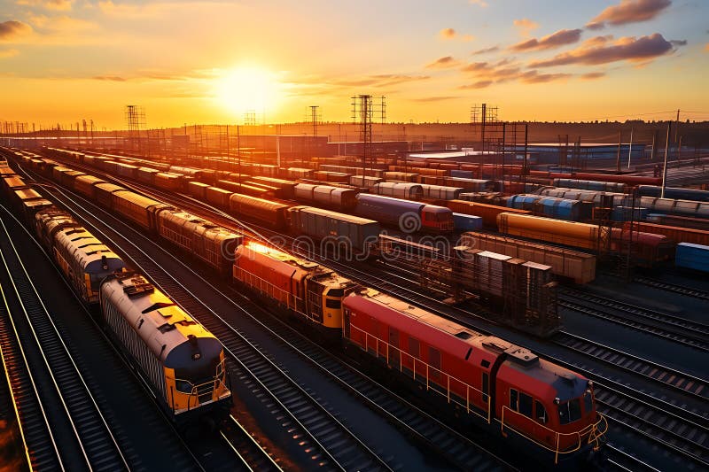 Aerial View of Cargo Freight Train with Containers at Sunset Sky ...