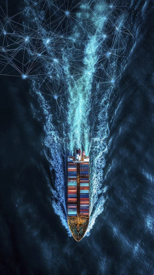 Aerial View of Cargo Ship with Blue Network Effects Stock Illustration ...