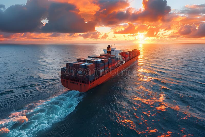 Aerial View of Cargo Ship with Container in the Sea at Sunset ...