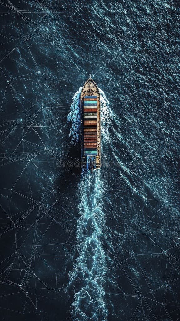 Aerial View of Cargo Ship in Dynamic Abstract Ocean Stock Illustration ...