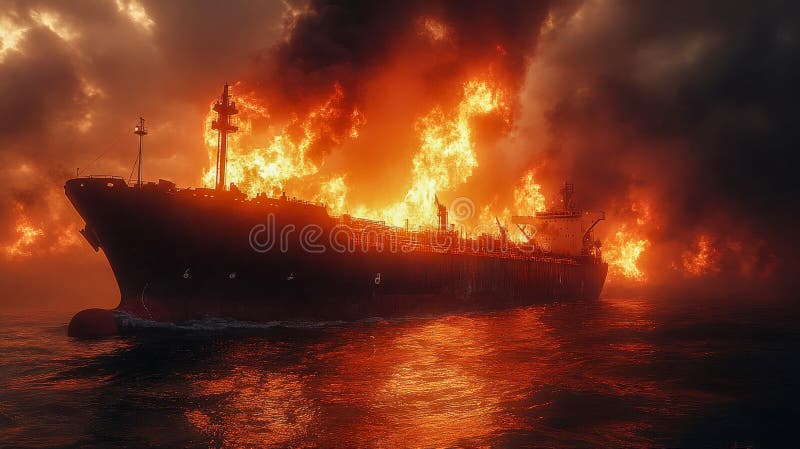 Aerial View of a Cargo Ship Engulfed in Flames, Emitting Intense Fire ...