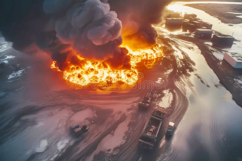 Aerial View of Cargo Ship Explosion with Fire and Smoke. Generative AI ...