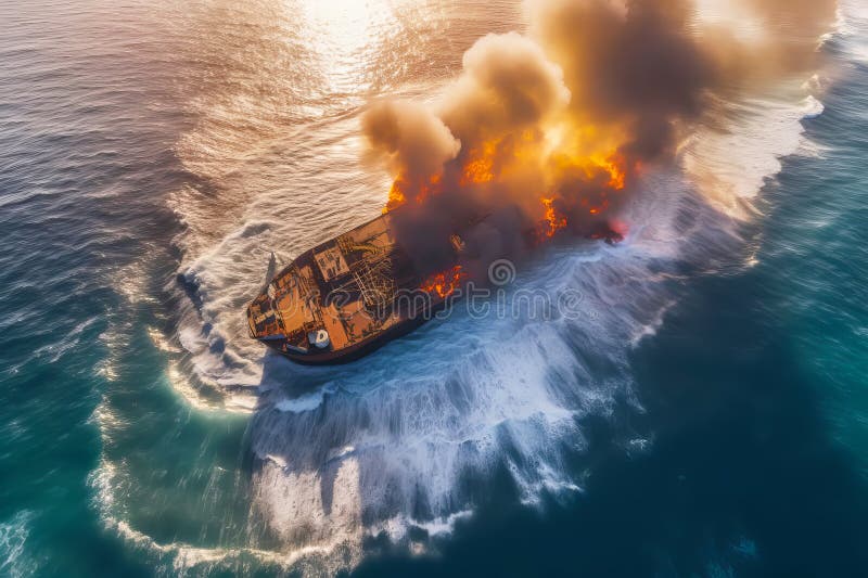 Aerial View of Cargo Ship Explosion with Fire and Smoke. Generative AI ...
