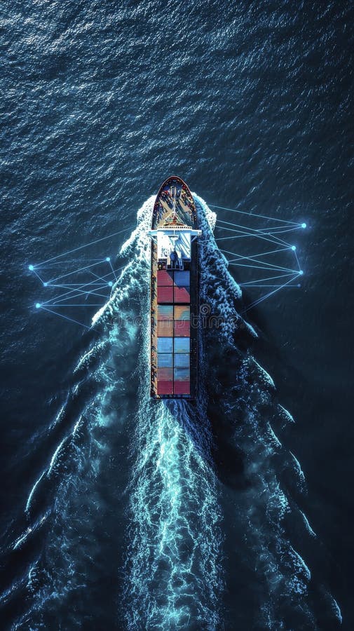 Aerial View of Cargo Ship with Geometric Light Network Stock ...