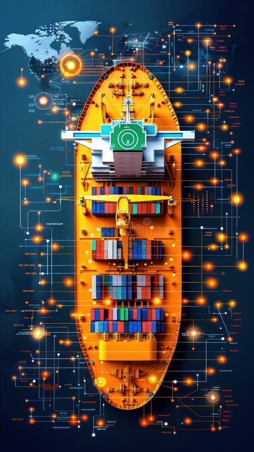Aerial View of a Cargo Ship with Intersecting Digital Lines ...