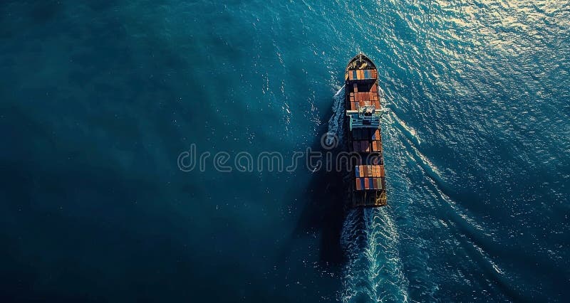 Aerial View of Cargo Ship Navigating Navy Blue Waters Stock ...