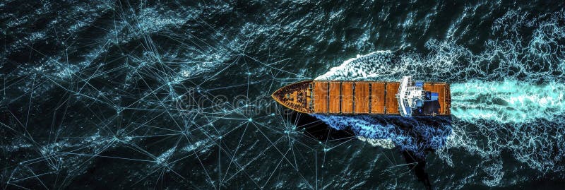 Aerial View of Cargo Ship with Network Overlay Stock Illustration ...
