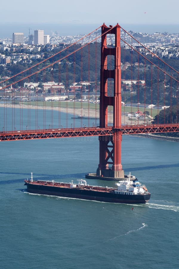 Aerial View of Cargo Ship Passing Under Golden Gate Bridge Stock Photo ...