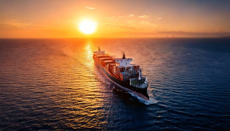 Aerial View of a Cargo Ship Sailing into the Sunset Over the Open Ocean Stock Illustration ...
