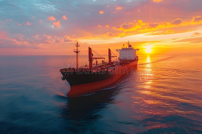 Aerial View of Cargo Ship in the Sea at Sunset or Sunrise Generative AI ...