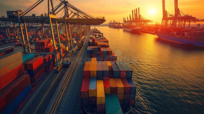 Aerial View of Cargo Shipping Port at Sunset Stock Illustration ...