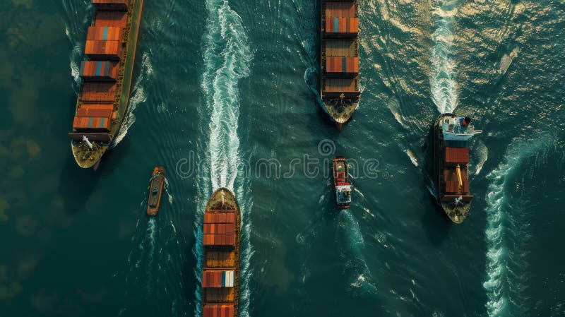 Aerial View of Cargo Ships Navigating in Formation Stock Photo - Image ...