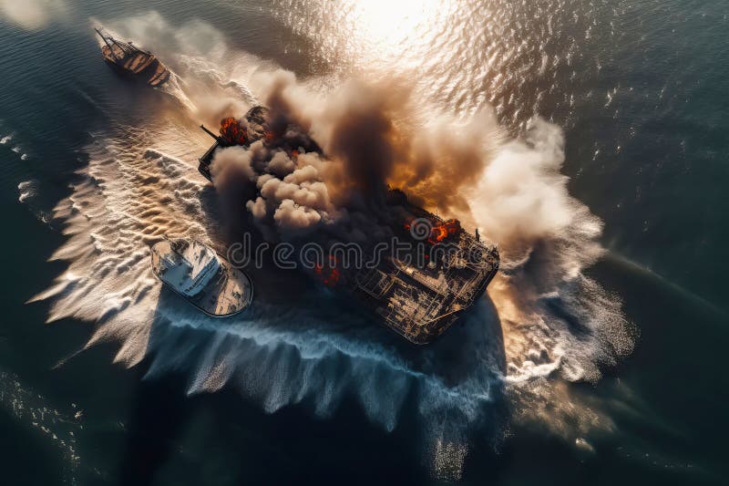Aerial View of Cargo Tanker Ship Explosion with Fire and Smoke ...