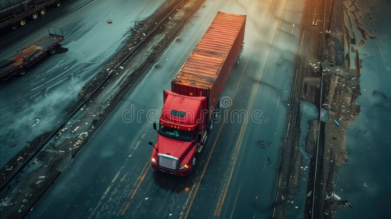 Aerial View of Cargo Truck with Container on the Road in the Evening ...