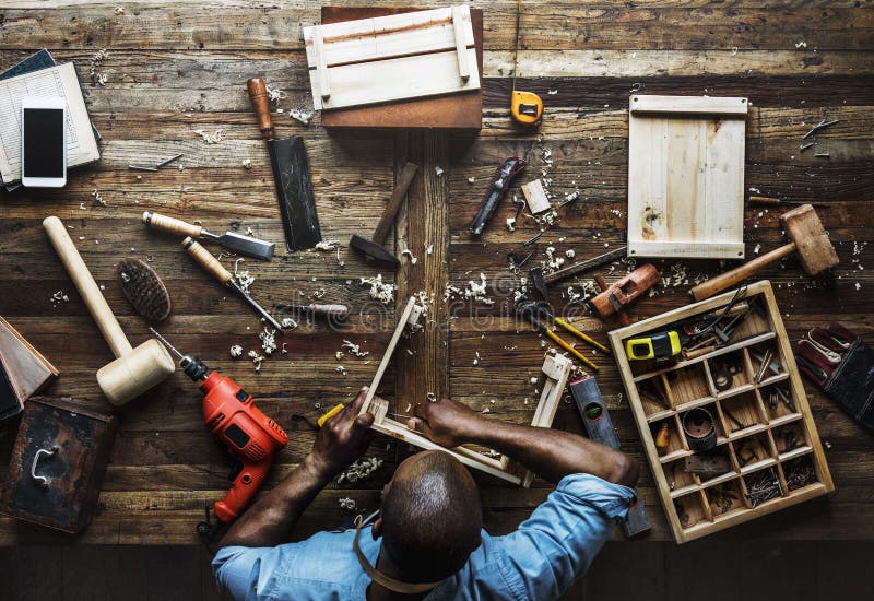 Aerial View of Carpenter Man Working with Tools Equipment Set Stock ...
