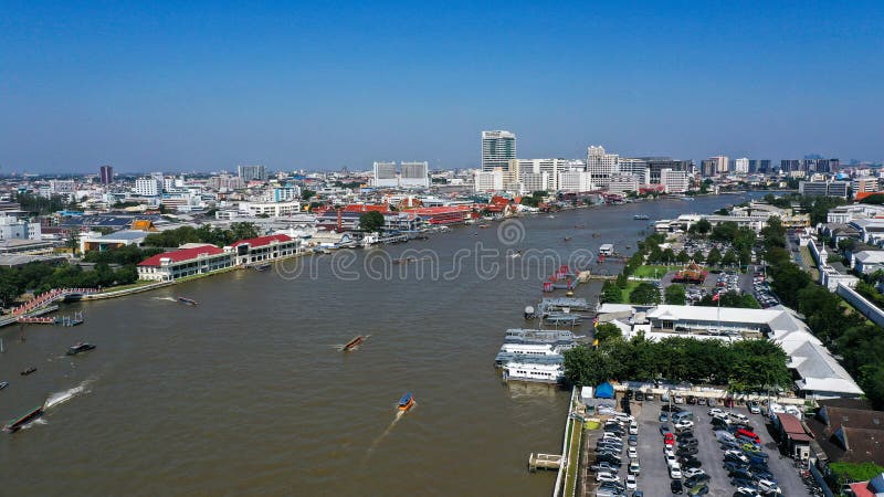 Aerial View Chao Phraya River with Wooden and Modern Boat Editorial ...