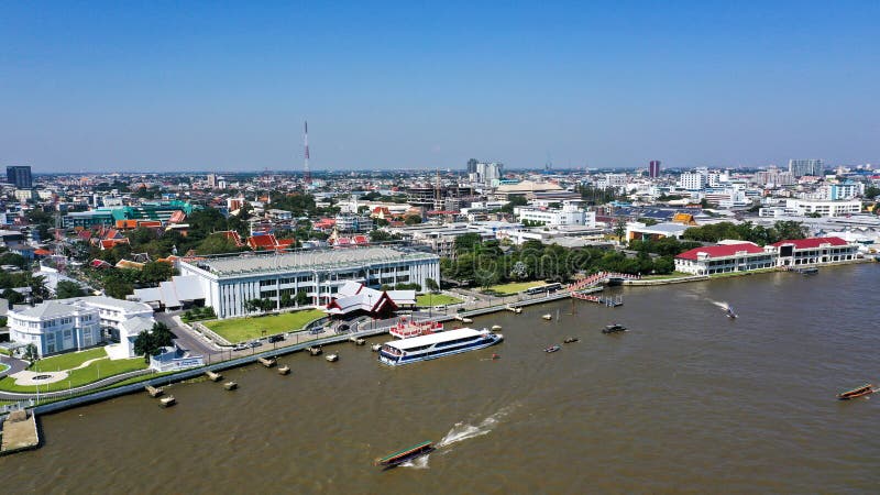 Aerial View Chao Phraya River with Wooden and Modern Boat Editorial ...