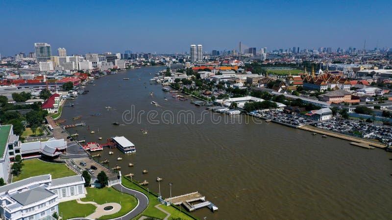 Aerial View Chao Phraya River with Wooden and Modern Boat Editorial ...