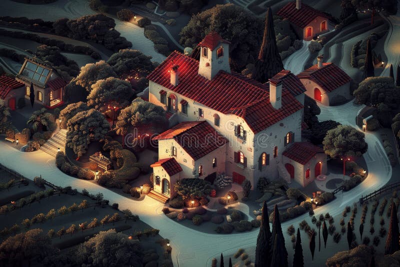 Aerial View of Charming Villa Complex with Glowing Windows Amid Lush Gardens. Stock Image ...