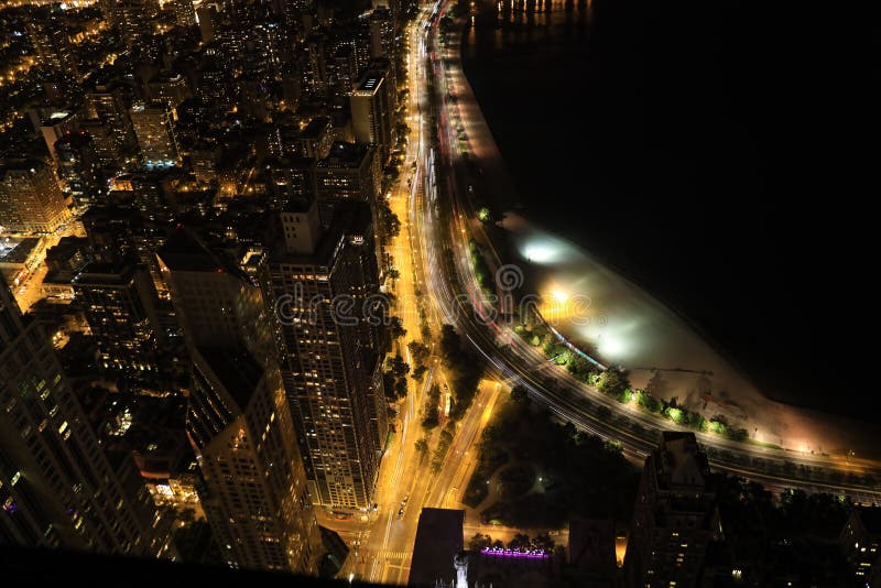 Aerial View of Chicago at Night by Lake Stock Photo - Image of tower ...