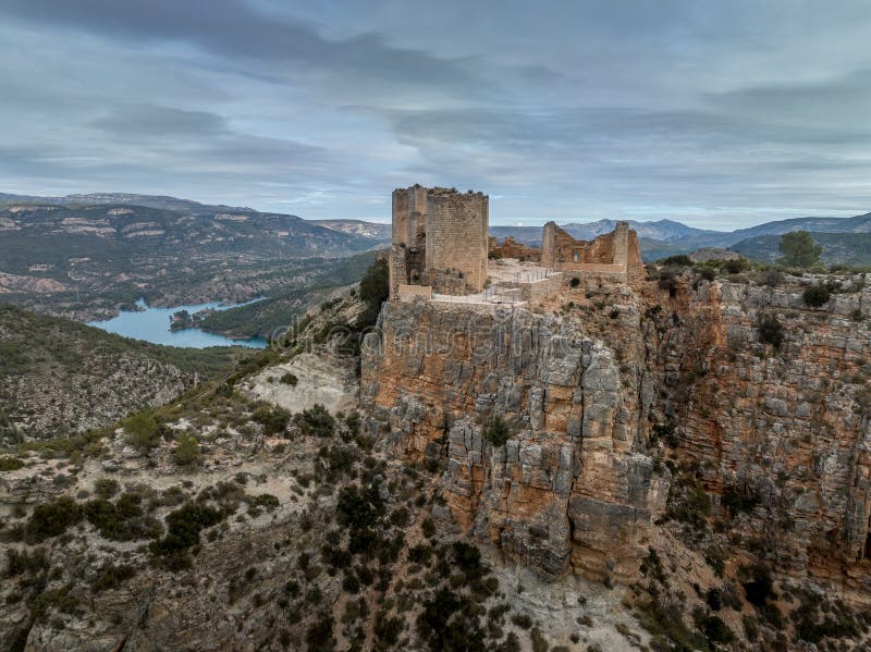 Aerial View of Chirel Castle in Spain with Square Towers Above a ...