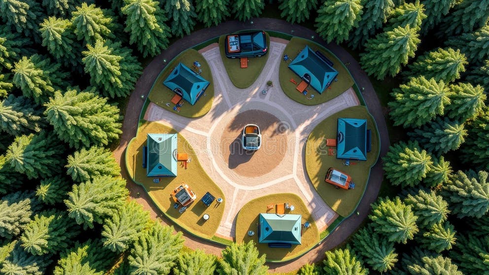 Aerial View of Circular Campsite with Yurts in Lush Forest Setting ...