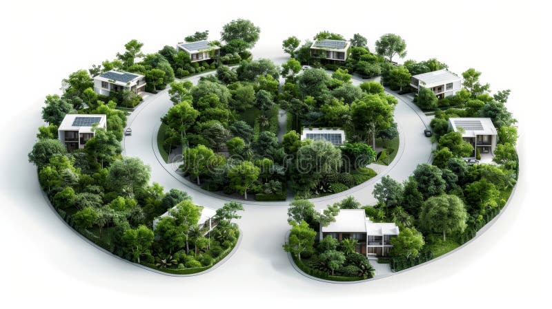 An Aerial View of a Circular Community of Houses Surrounded by Lush ...
