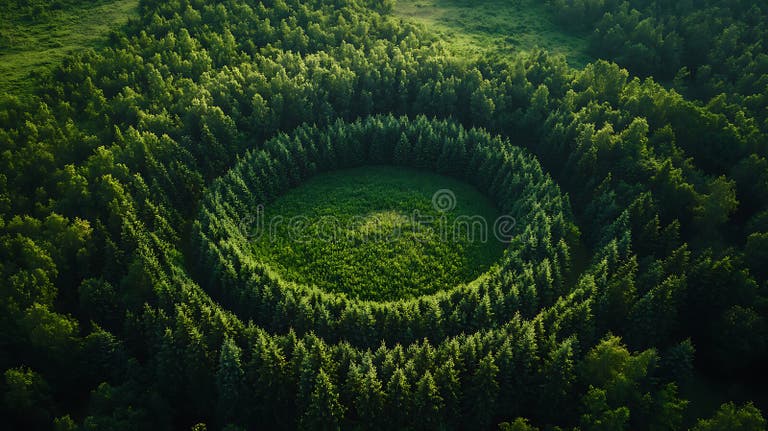 Aerial View of Circular Forest Clearing Surrounded by Trees and Lush ...