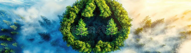 Aerial View of Circular Forest in Misty Landscape Stock Illustration ...