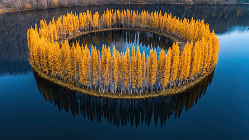 Aerial View of Circular Island with Autumn Trees Stock Image - Image of ...