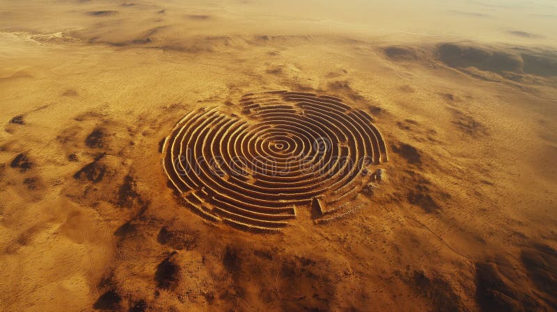 Aerial View of Circular Labyrinth in Vast Desert Landscape, Creating ...