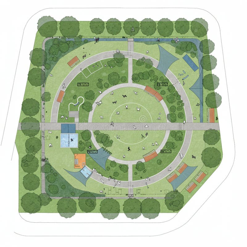 Aerial View of a Circular Park Layout Featuring Pathways, Green Lawns ...
