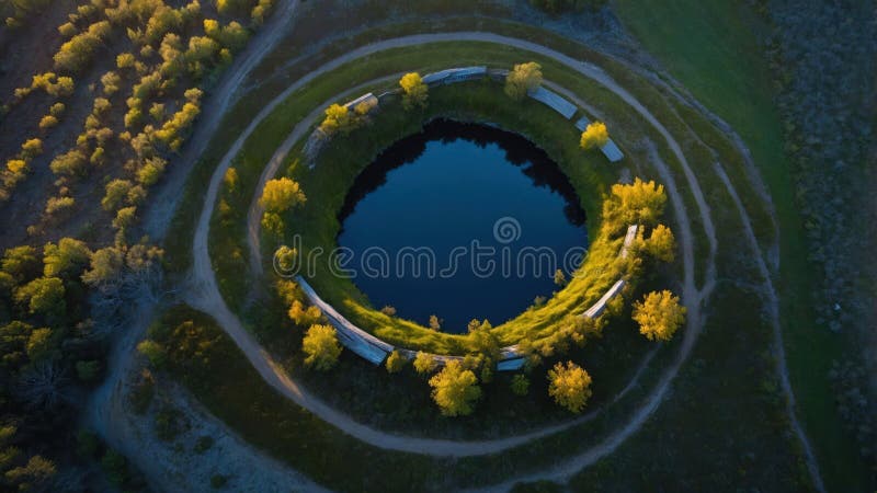Aerial View of a Circular Lake Surrounded by Autumnal Trees and Trails ...