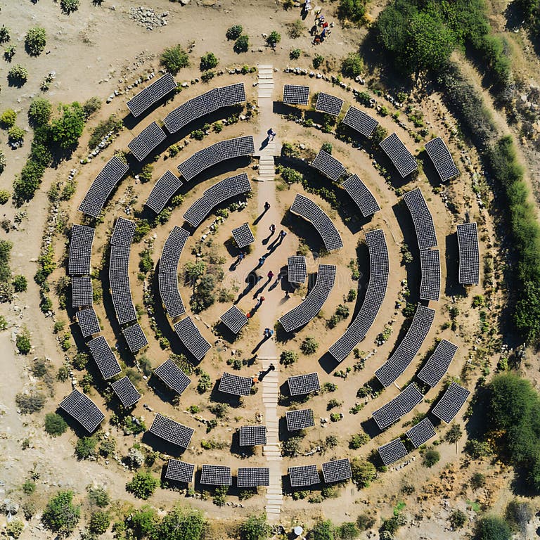 Aerial View of a Circular Solar Panel Array in a Desert Landscape Stock ...