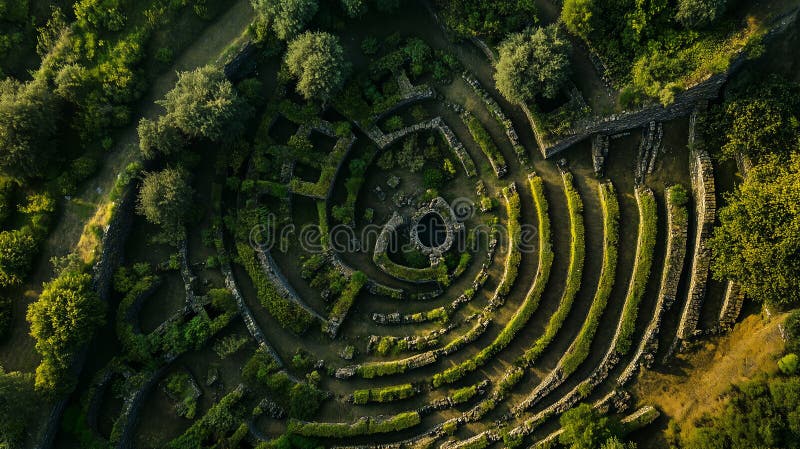 Aerial View of a Circular Stone Labyrinth Surrounded by Lush Greenery ...