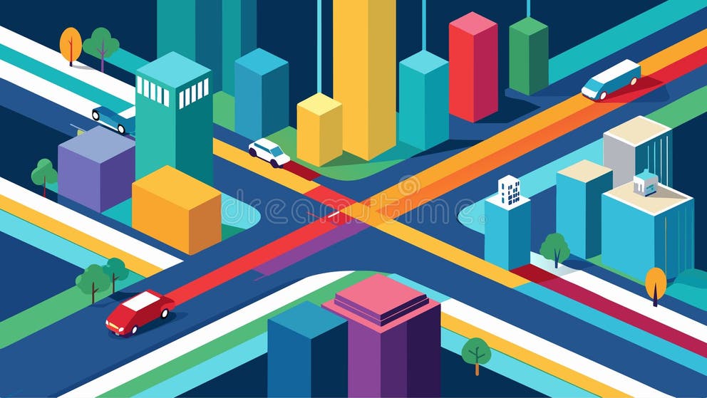 An Aerial View of a City with Colored Lines Indicating Traffic Movement ...