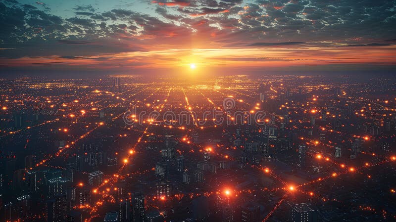 Aerial View of City Downtown with Digital Connectivity Light Data Grid ...