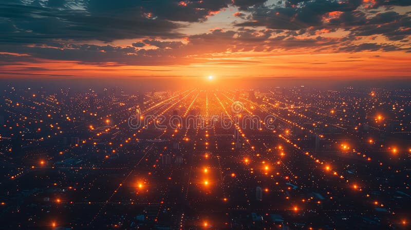 Aerial View of City Downtown with Digital Connectivity Light Data Grid ...