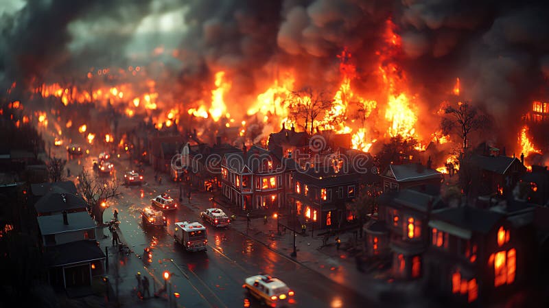 Aerial View of a City Engulfed in Flames, Emergency Vehicles Responding ...