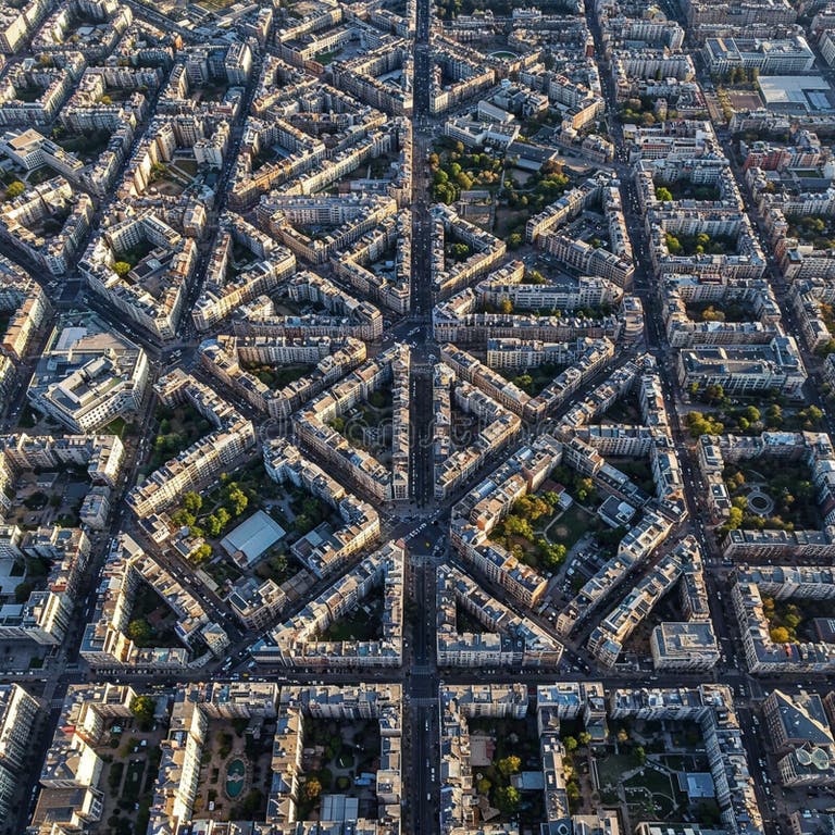 Aerial View of a City with a Grid-like Layout Featuring Triangular and ...