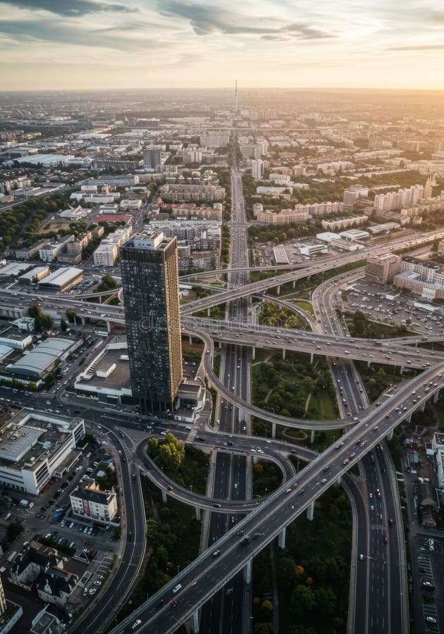 Aerial View of City Highway at Sunset Stock Illustration - Illustration ...