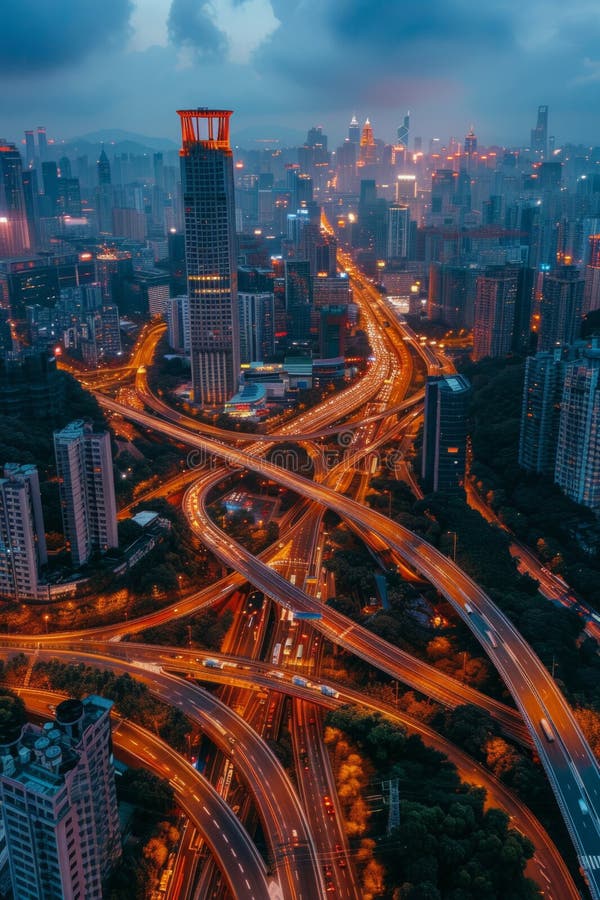 An Aerial View of a City with Illuminated Complex Highway Interchanges ...