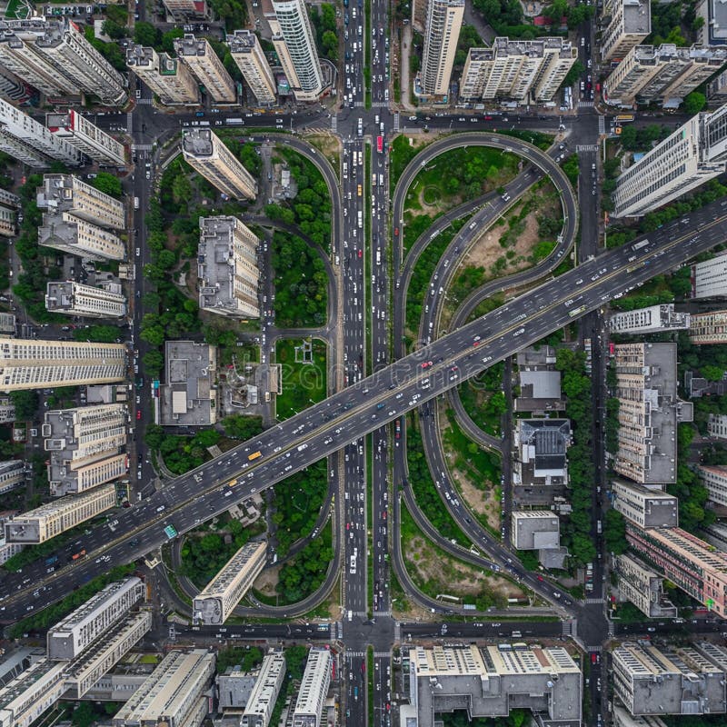 Aerial View of a City Intersection with Multiple High-rise Buildings ...