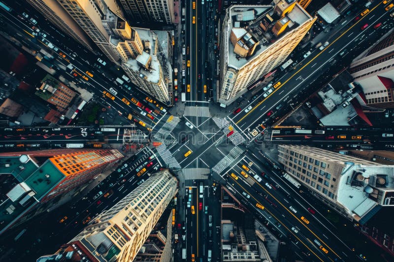 Aerial View of a City Intersection at Night, Intersecting City Streets ...