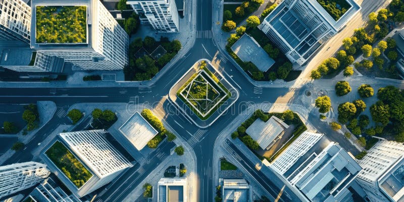 Aerial View of a City Intersection Surrounded by Modern Buildings and ...