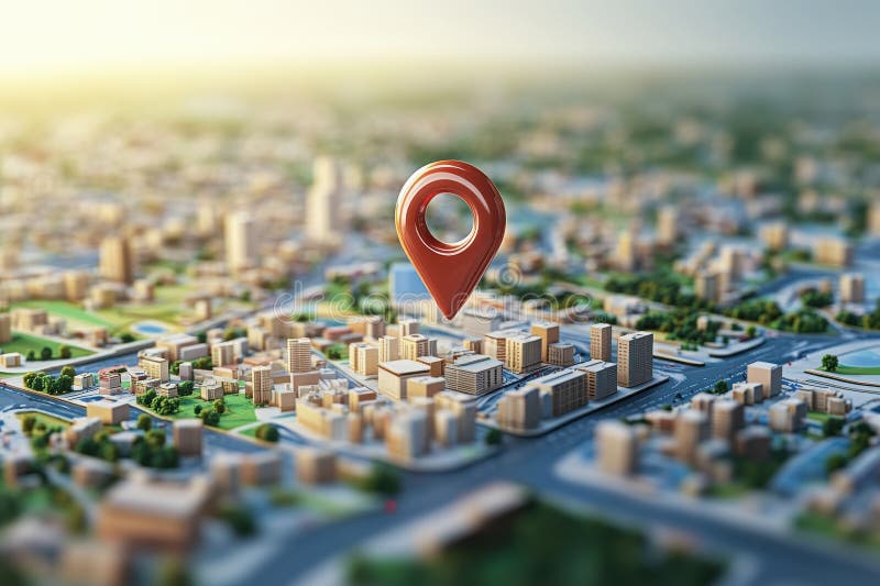 Aerial View of a City with a Location Pin, Suggesting Navigation or ...