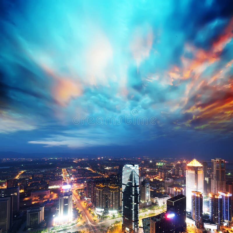 Aerial View of City Night in China Stock Photo - Image of landmark ...
