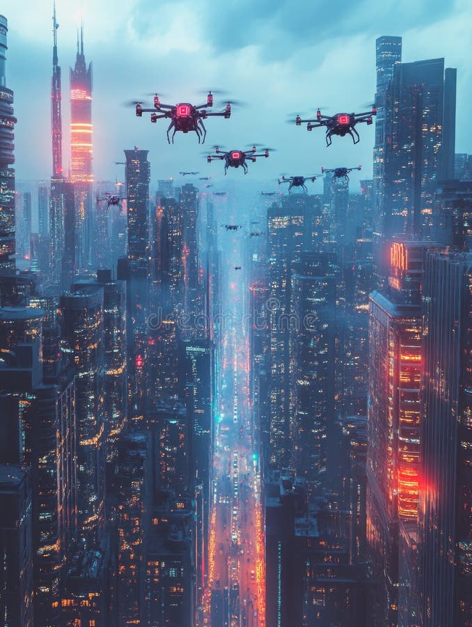 Aerial View of a City at Night with Four Drones Flying Overhead Stock ...