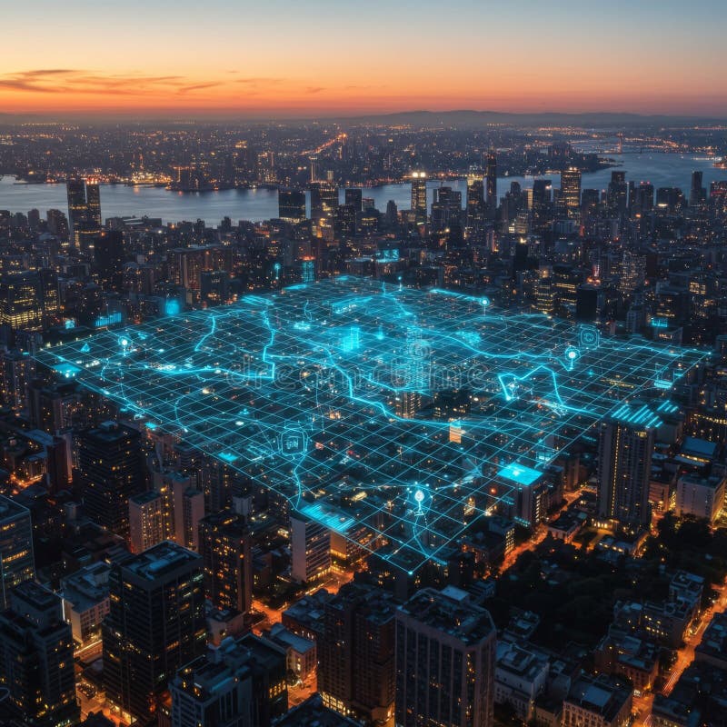Aerial View of City at Night with Illuminated Network Stock ...